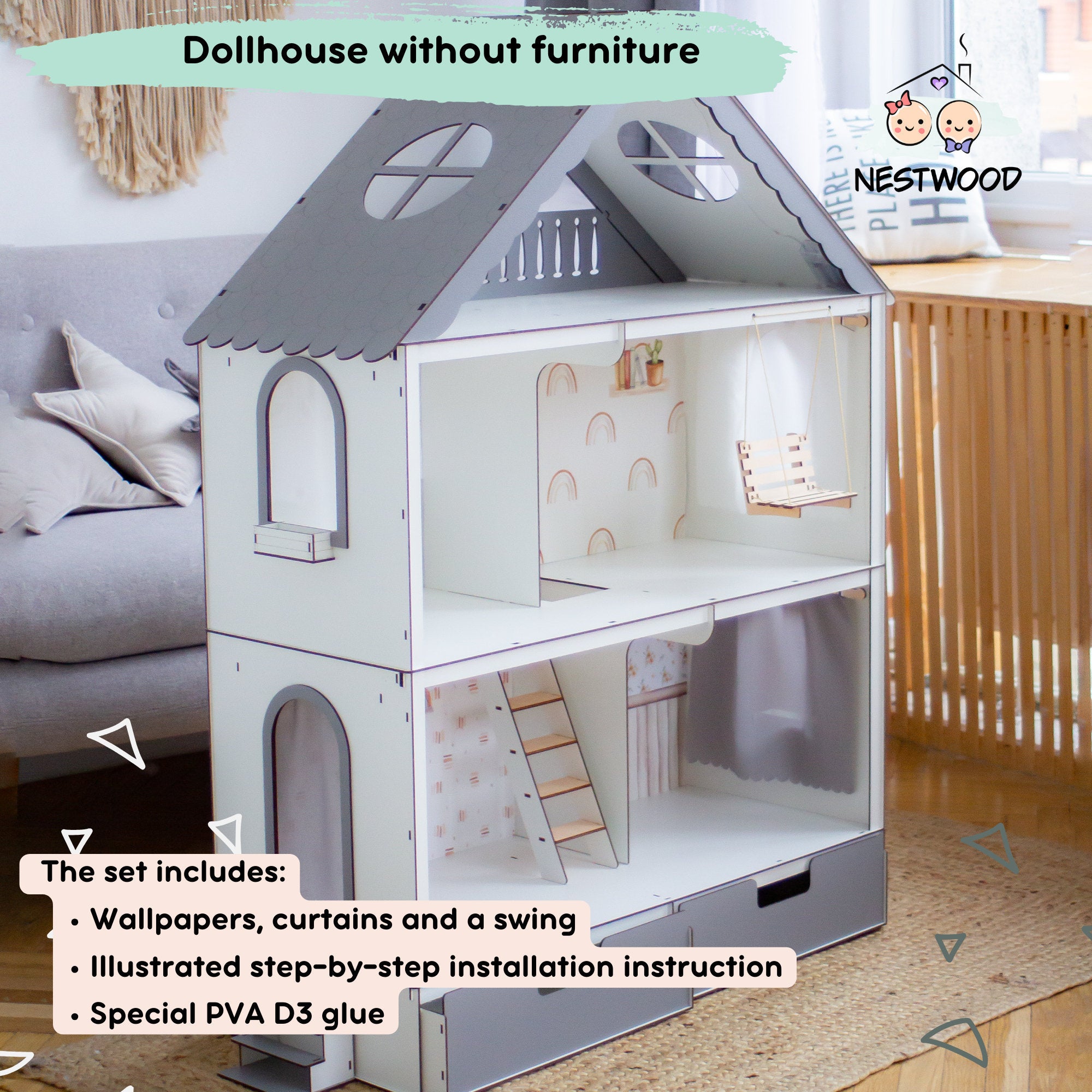 Wooden Dollhouse Fantasy with organizer Eco Beautiful and Durable NESTWOOD